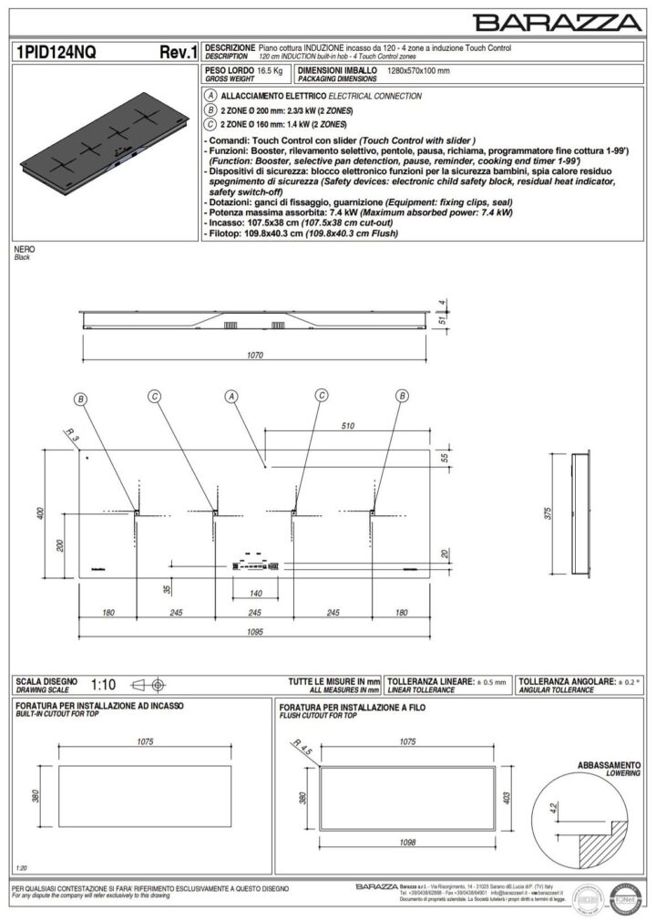 Barazza 120 cm Flat induction built-in and flush hob 1PID124NQ