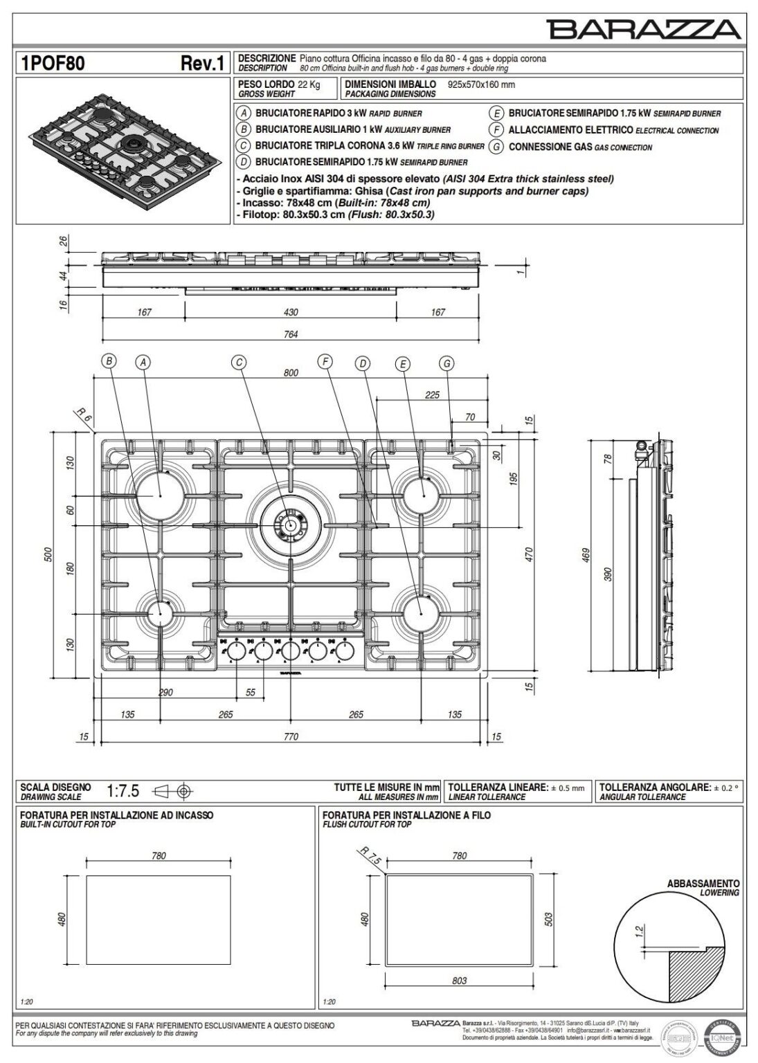Barazza 1POF80 80cm Gas Hob