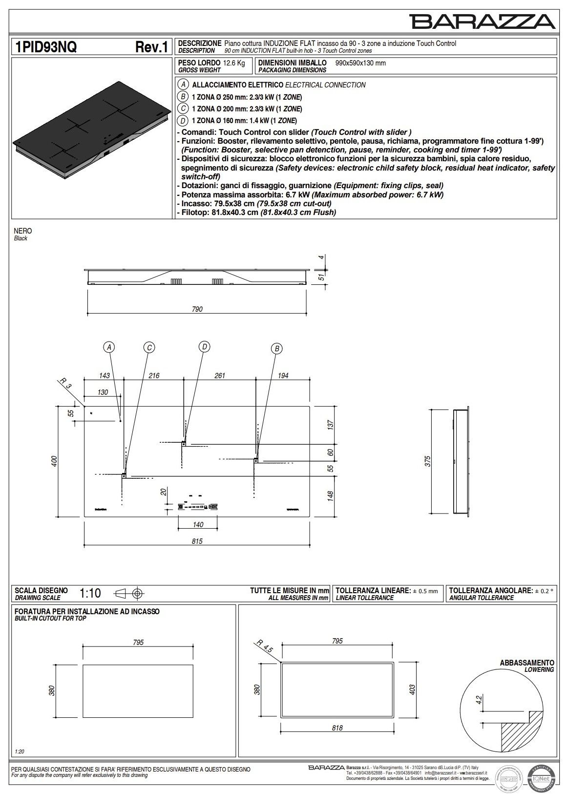 Barazza 90 cm Flat induction built-in and flush hob 1PID93NQ