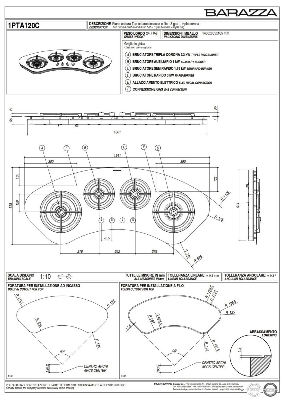 Barazza Tao curved built-in and flush gas hob 1PTA120C